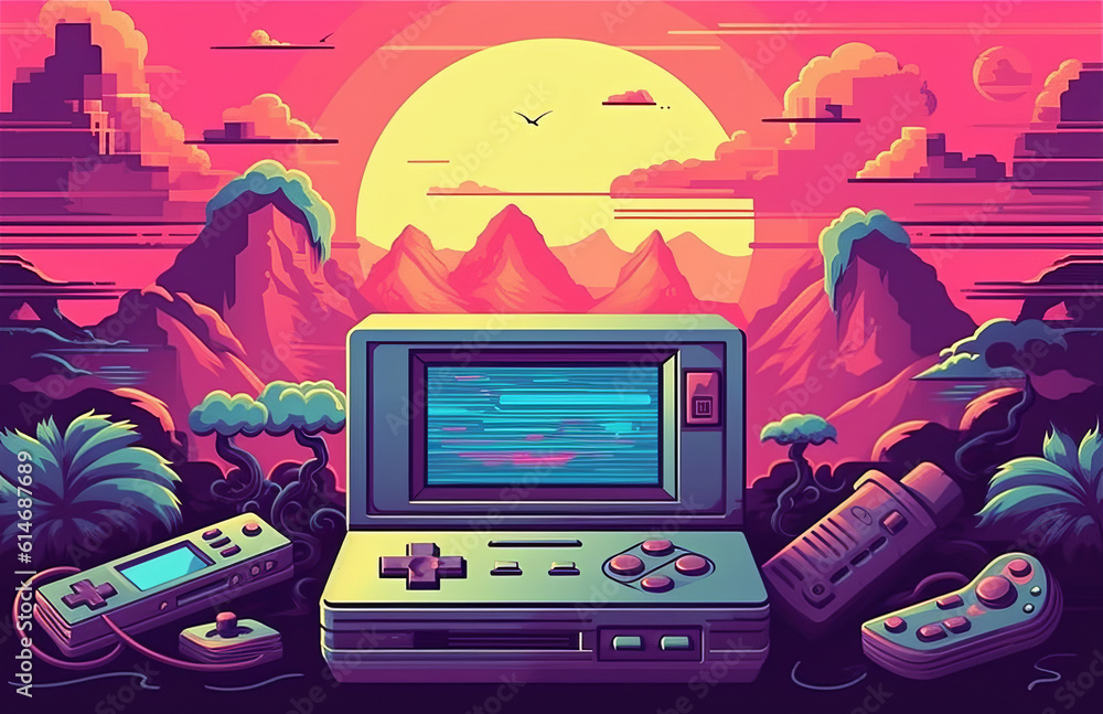 16-bit pixel art console with landscape background, Generative AI Stock ...