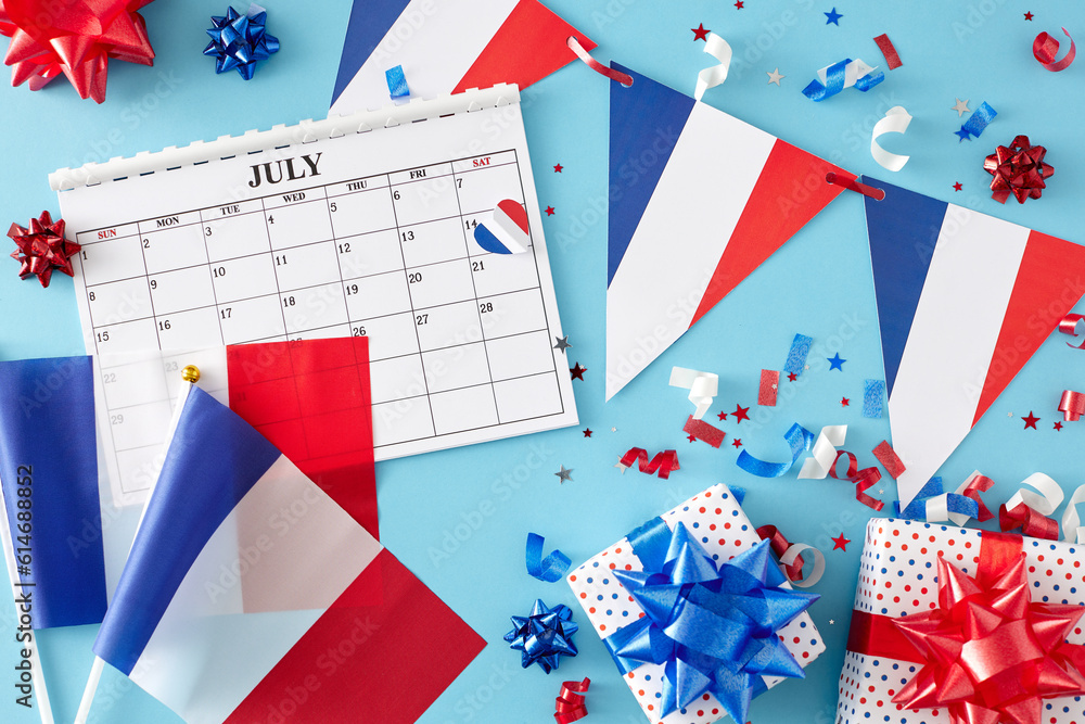 French National Day celebration theme for a party. Top view flat lay of ...