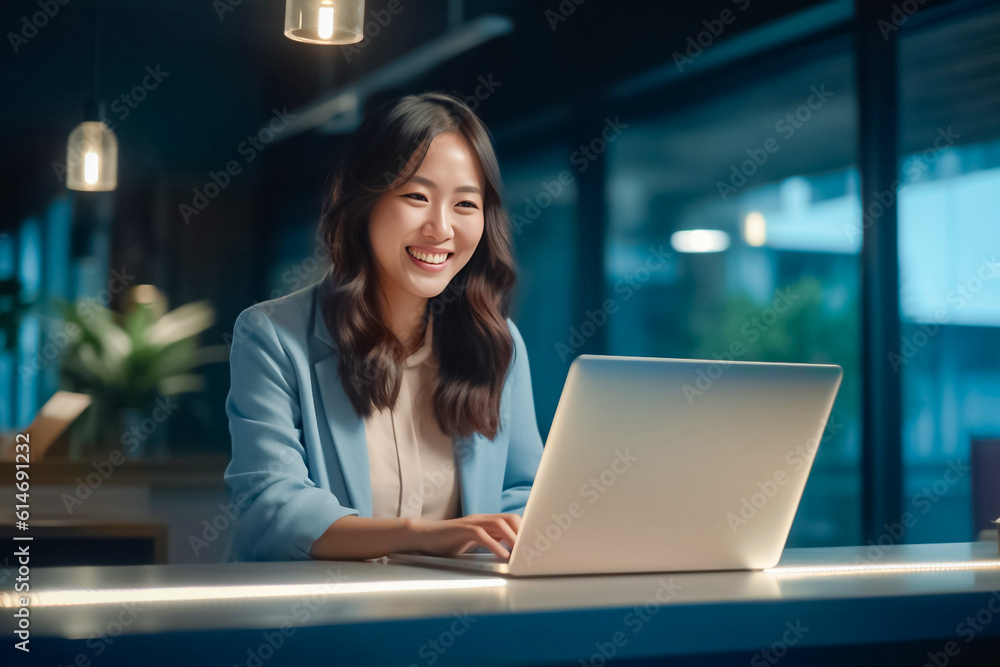 Asian office working girl with a radiant smile sits in front of her ...