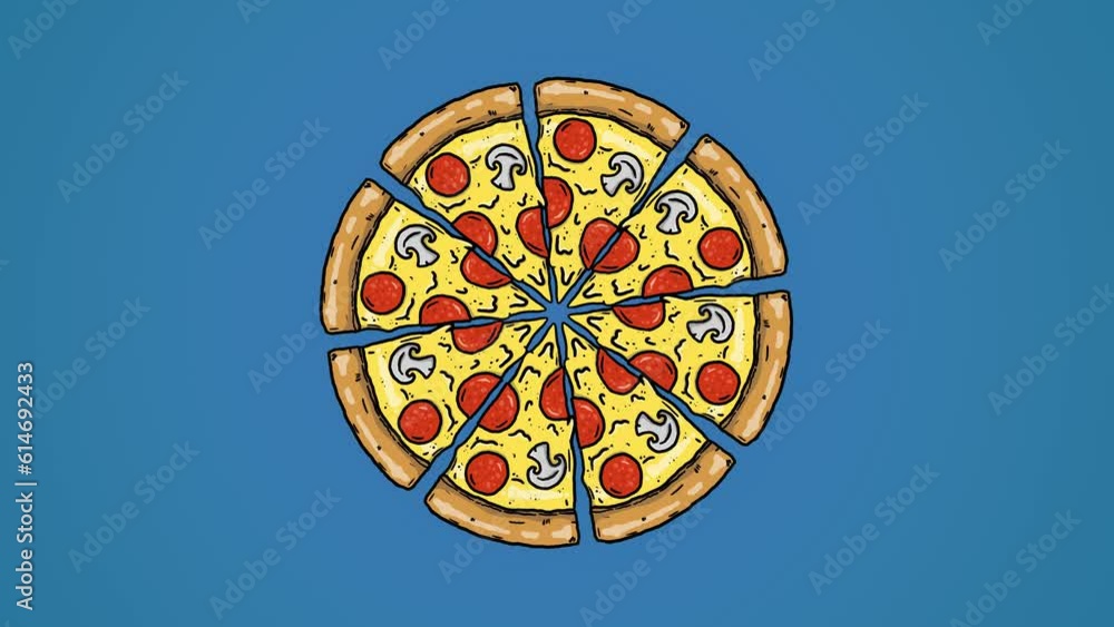 Rolling pizza cartoon illustration isolated on blue gradient background ...