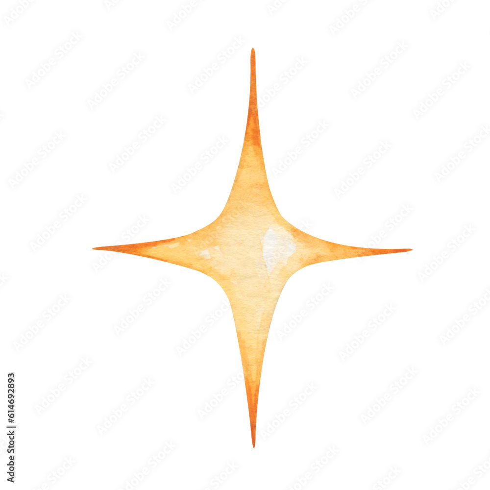 Watercolor illustration. Hand painted four pointed star in yellow ...