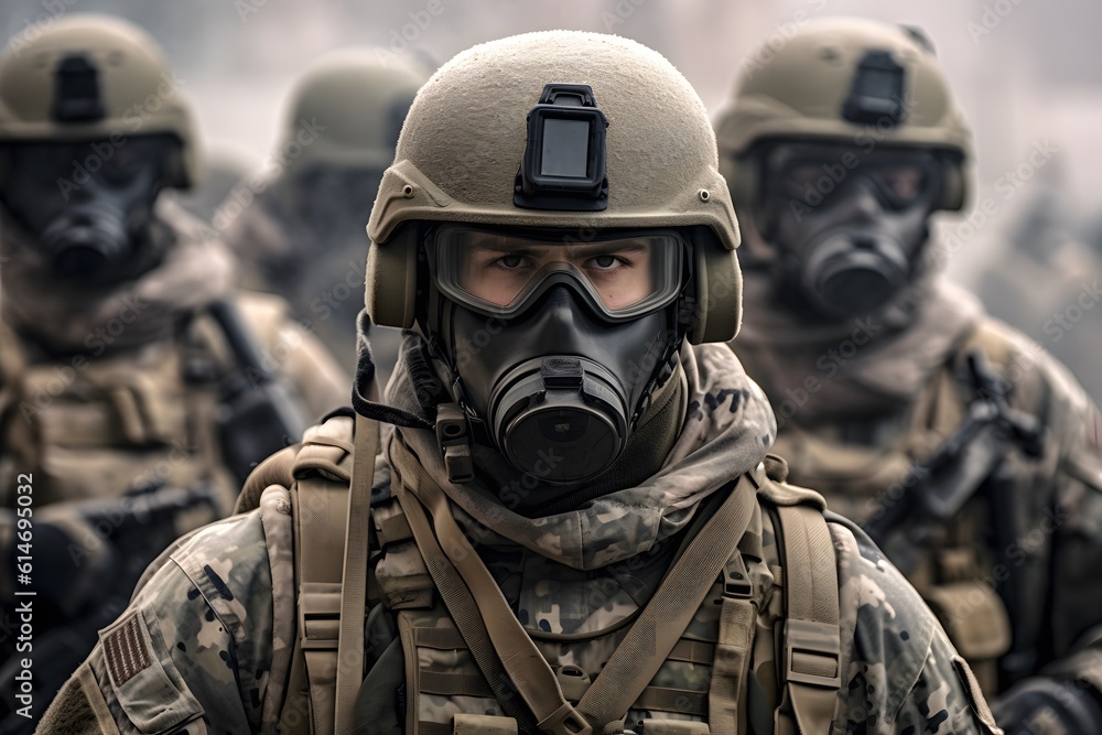 Soldiers wearing military uniforms and anti-gas mask. generative ai ...