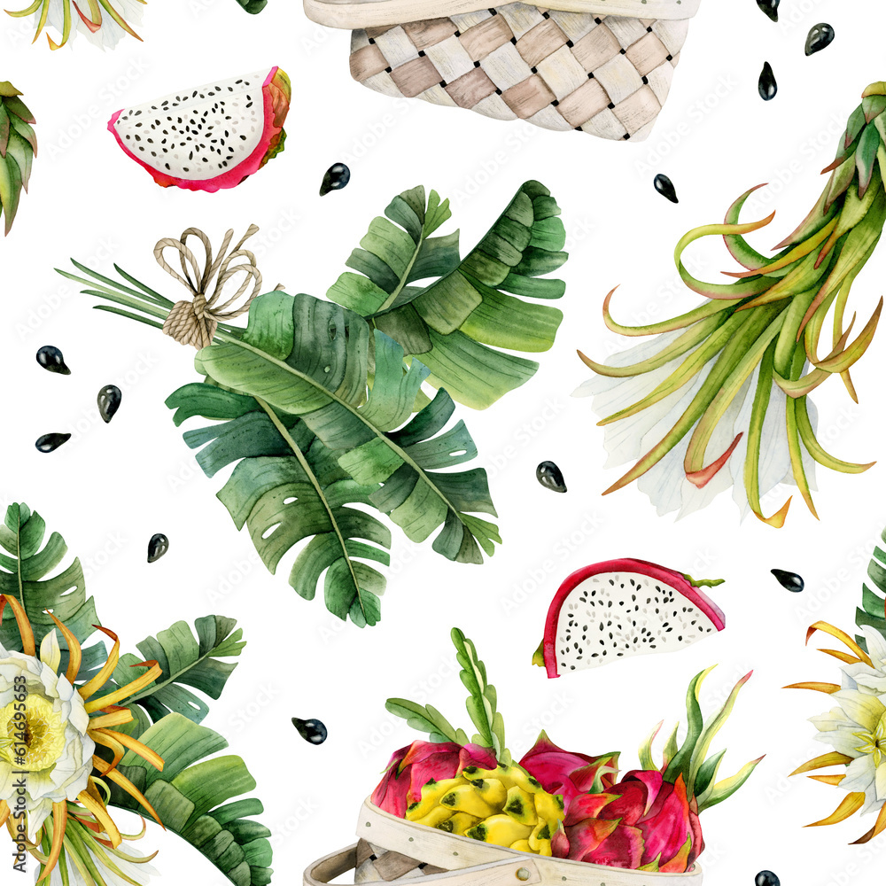 Pitaya dragon fruits harvest in basket, flowers and slices with ...
