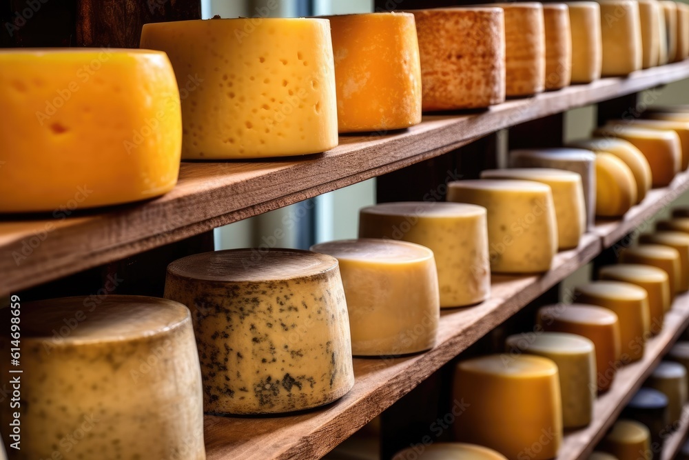 Big cheese wheels at manufacturing closeup. A cheese dairy in a ...