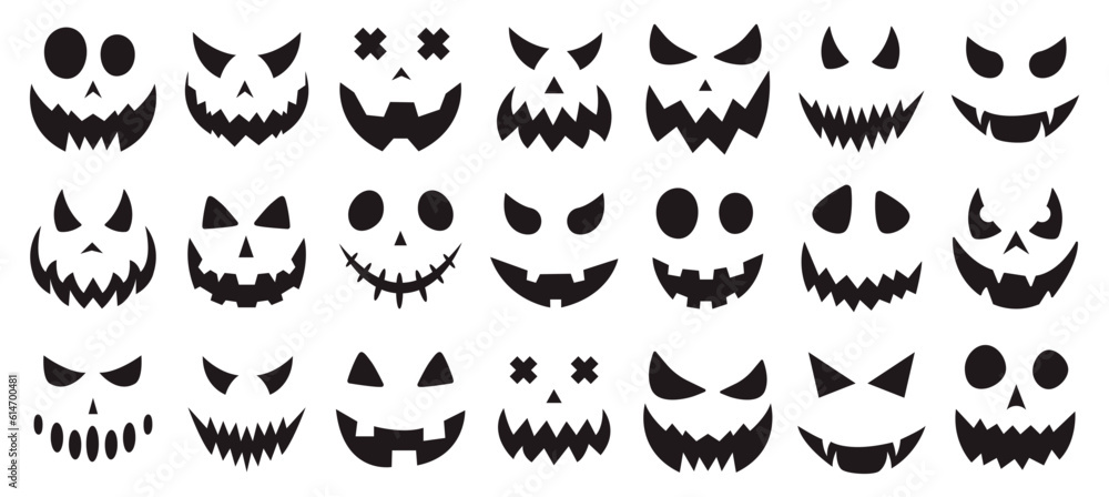 Vector set of scary pumpkin faces. Spooky faces icons. Vector ...