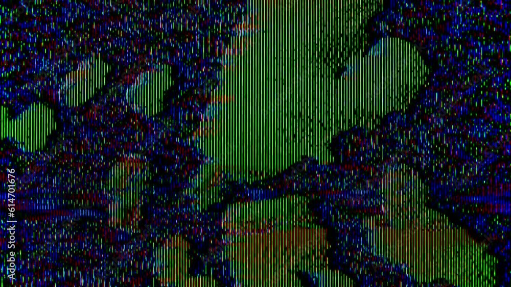 Strong VHS distortion effect applied over falling liquid particles over ...