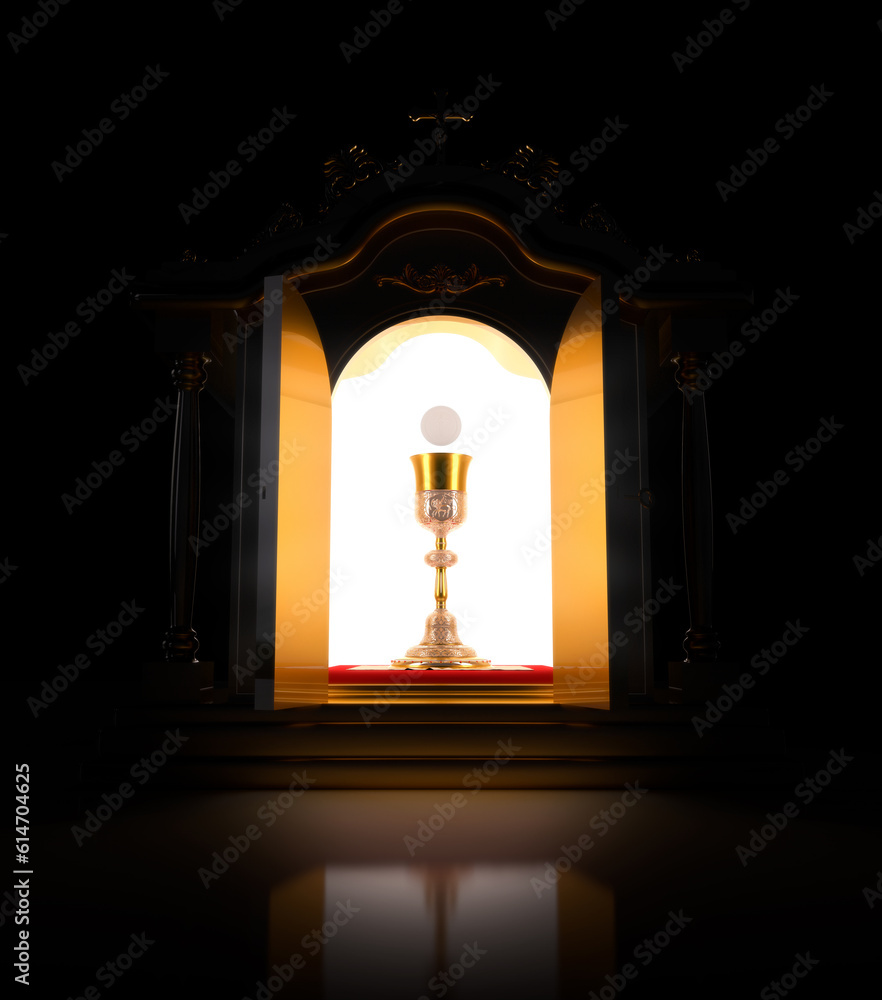 A tabernacle containing the consecrated host and the chalice with the ...