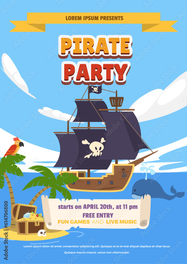 Poster Happy sea adventure vector poster of pirate party, Pirate ship ...