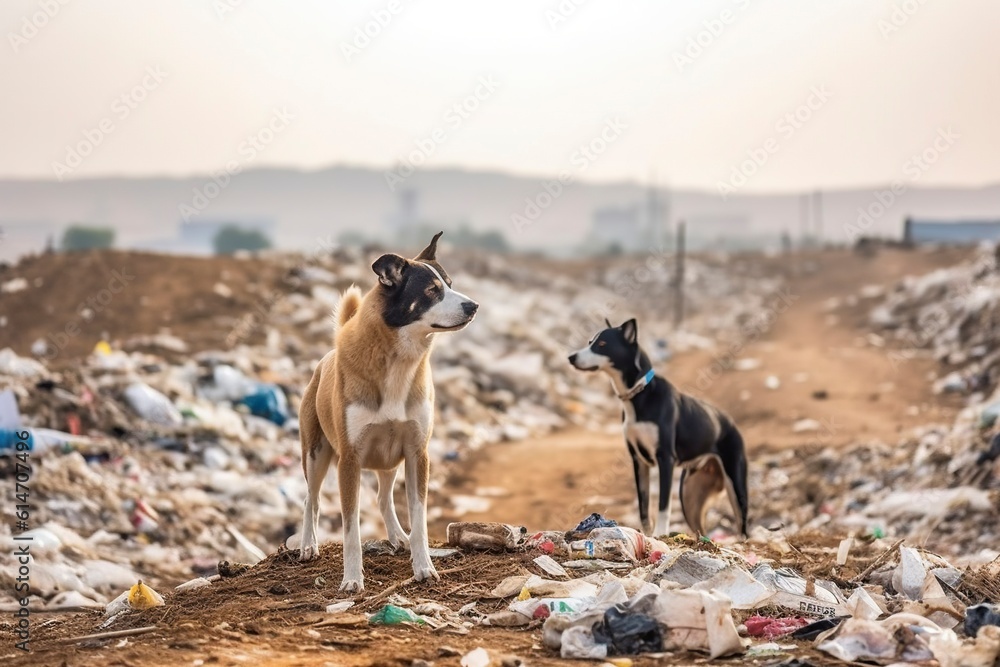 a group of stray dogs searches for food among the discarded waste in a ...