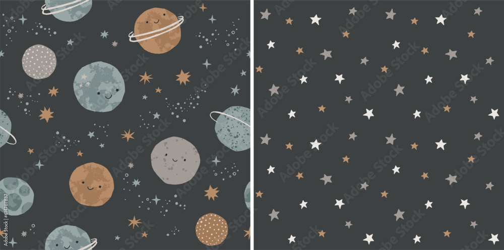 Cute cosmos pattern set. Hand drawn planets and stars abstract patterns ...