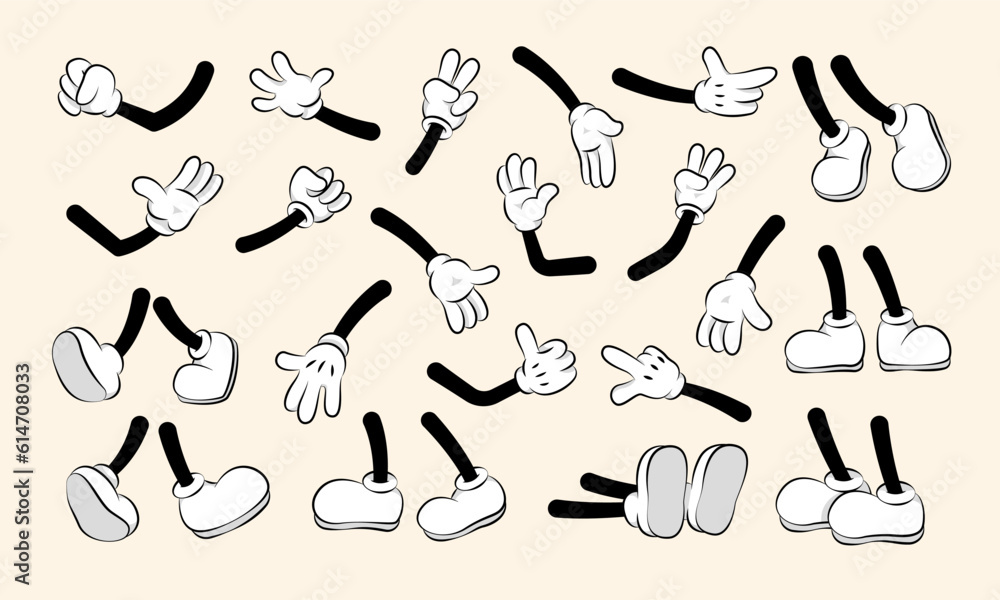 Cartoon hands and legs collection. Cute retro animation white feet and ...