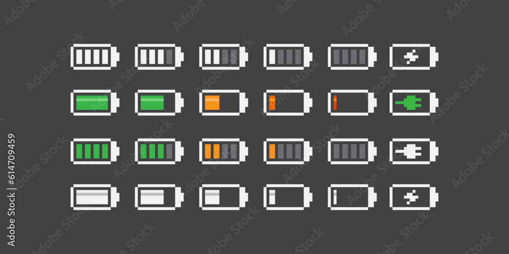 Simple 8bit pixel art minimalistic set of gadget battery level icons in ...