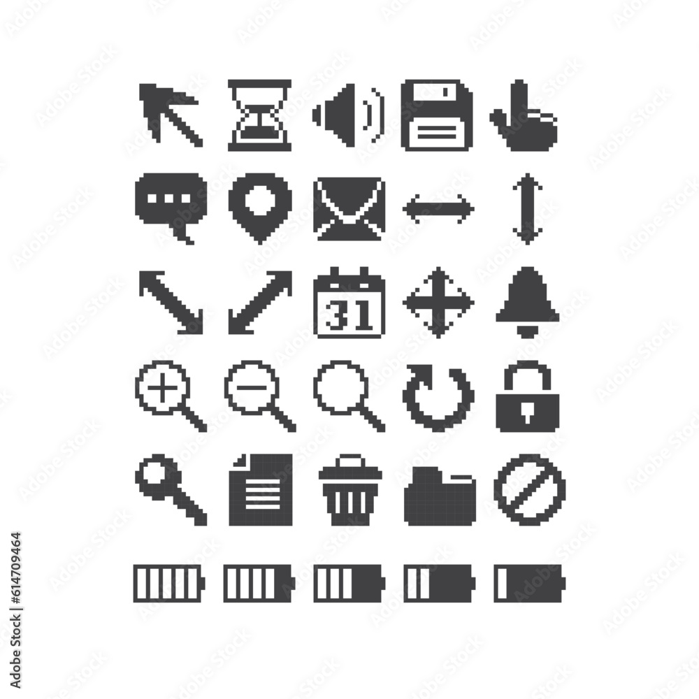 Simple black and white 1bit pixel art minimalistic set of PC toolbar ...