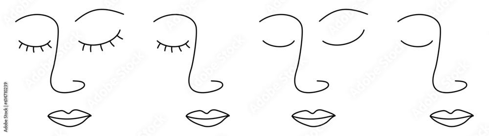Woman line face with close eyes set. Females linear abstract portraits ...