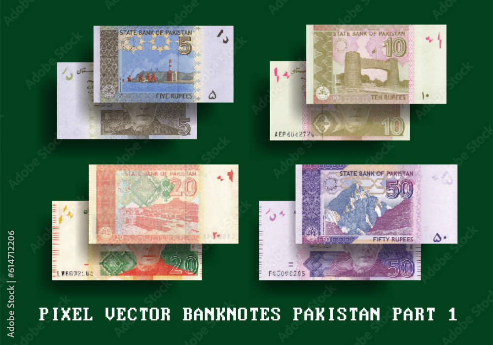 Vector set of pixelated mosaic banknotes of Pakistan. Notes in ...