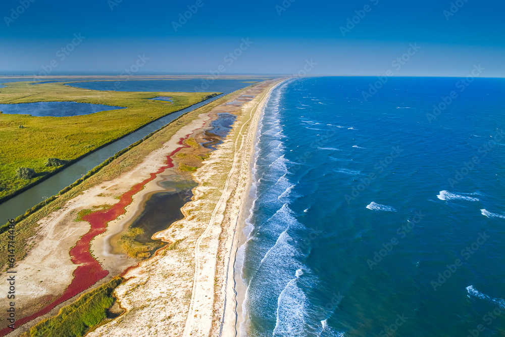 Travel to Danube Delta. Aerial view over Gura Portitei landmark resort ...