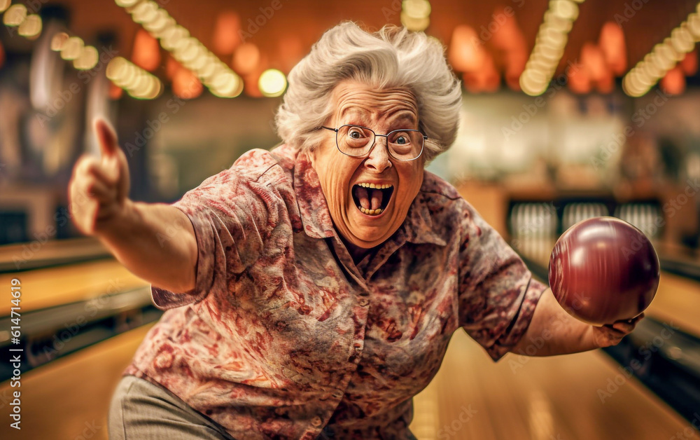 Funny old woman playing bowling, he is joyful and exultant Stock ...