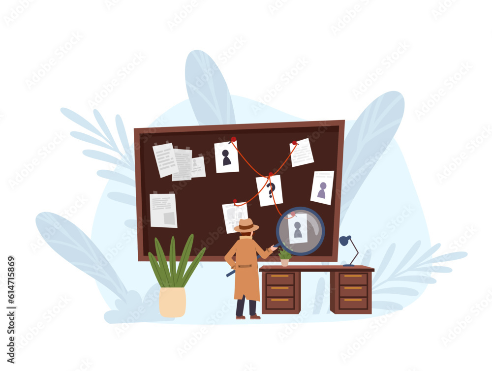 Detective collecting evidence on big board, cartoon flat vector ...