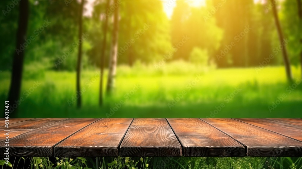Forest wooden table background. Summer sunny meadow with green grass ...