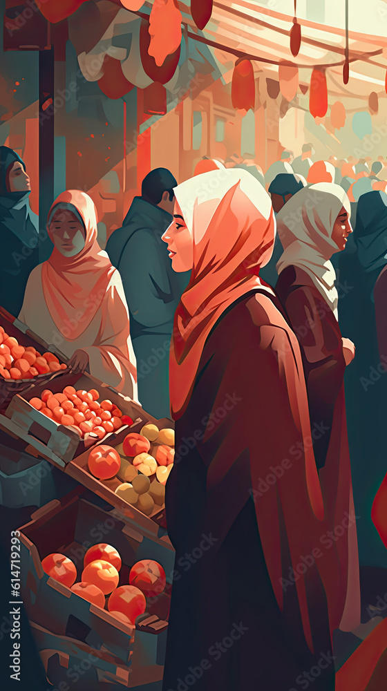 Muslim Women in Traditional Clothing Shopping at the Market Stock ...