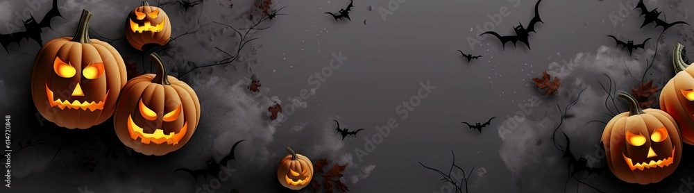 Autumn spooky halloween fun delight. Cute scary pumpkin, bats on a ...