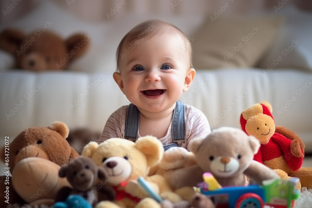 baby playing with his stuffed animals on his bed Stock Illustration ...