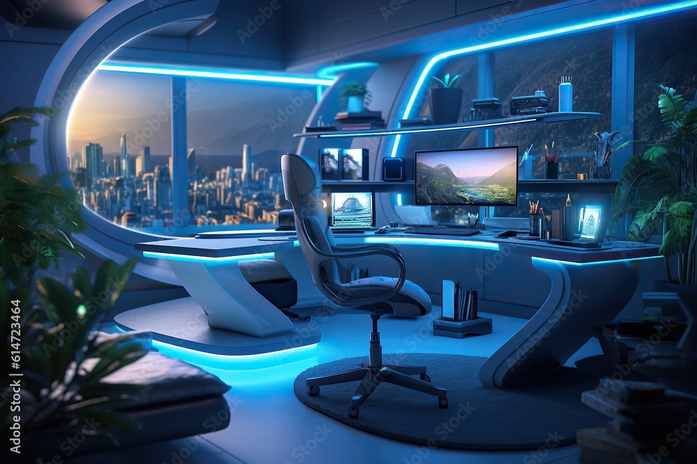 Futuristic indoor office: modern computer desk by grand window with ...
