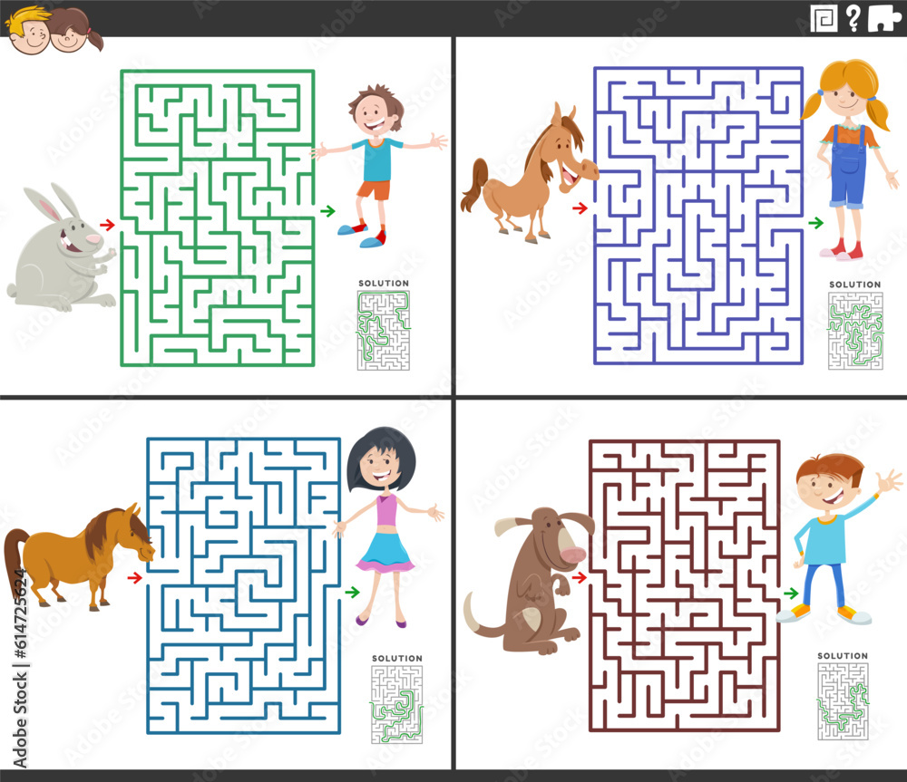 maze activities set with cartoon children and their animals Stock ...