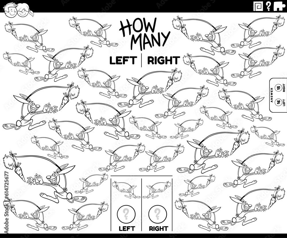 counting pictures of comic rabbit chasing a carrot coloring page Stock ...