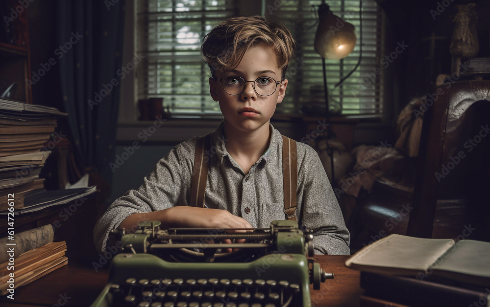 Little child writer poses behind an old typewriter Stock Illustration ...