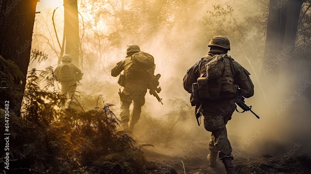 military special forces soldiers crosses forest war zone army war ...