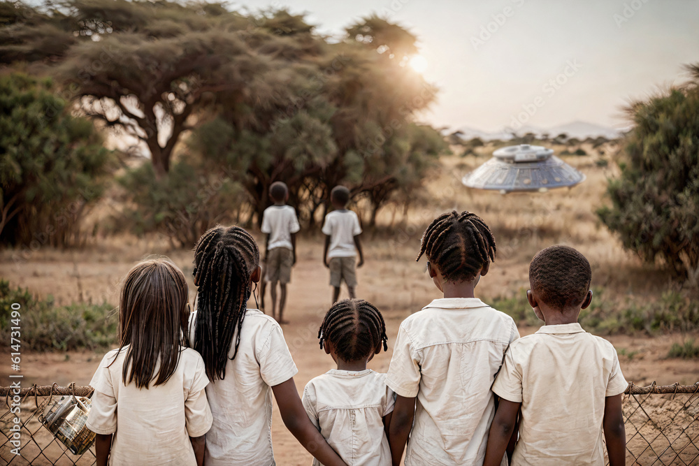 back view of a group of children staying behind metall fences looking ...