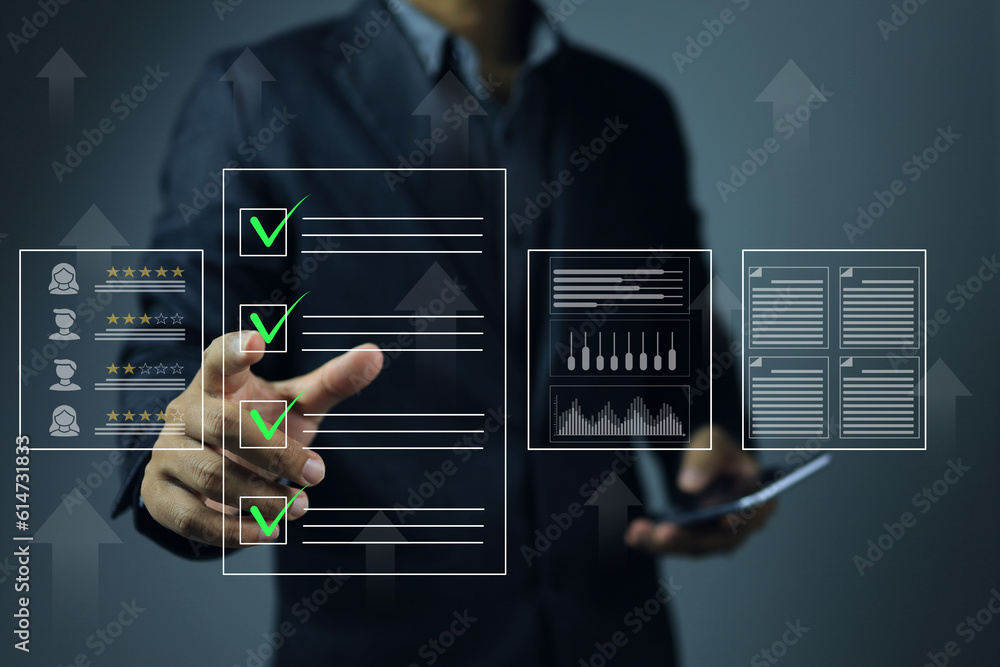 A businessman click green check mark to evaluating a vendor or supplier ...