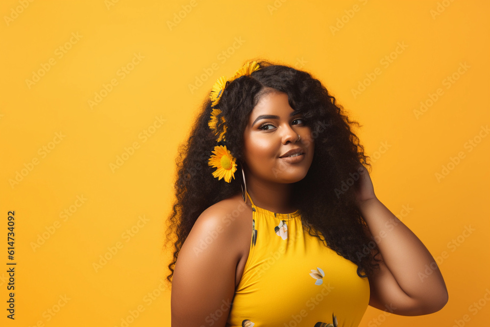 Beautiful plus size African American woman in a yellow background Stock ...