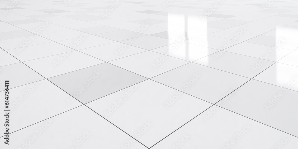 3d rendering of close up white tile floor in perspective view, empty ...