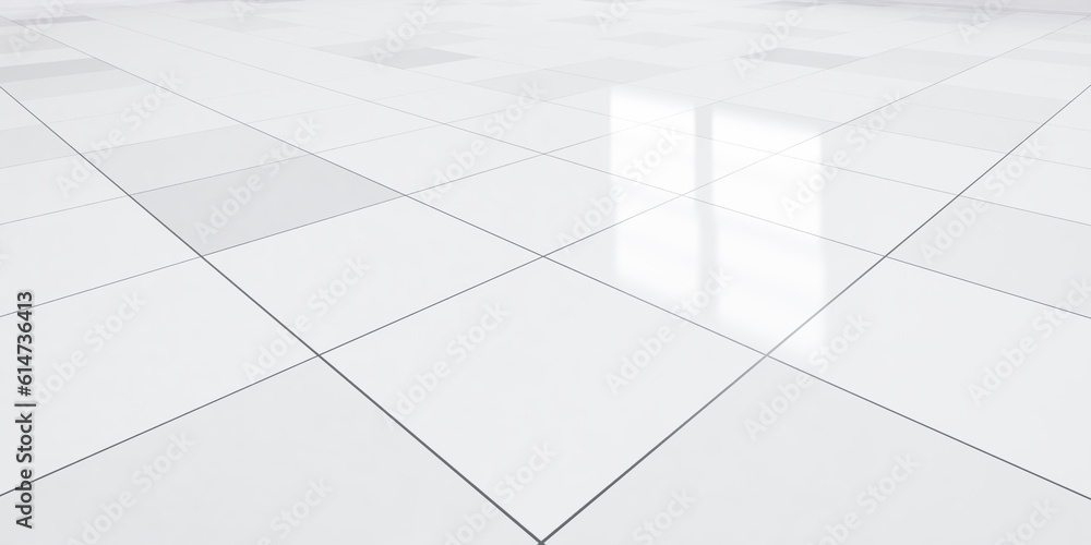 3d rendering of close up white tile floor in perspective view, empty ...