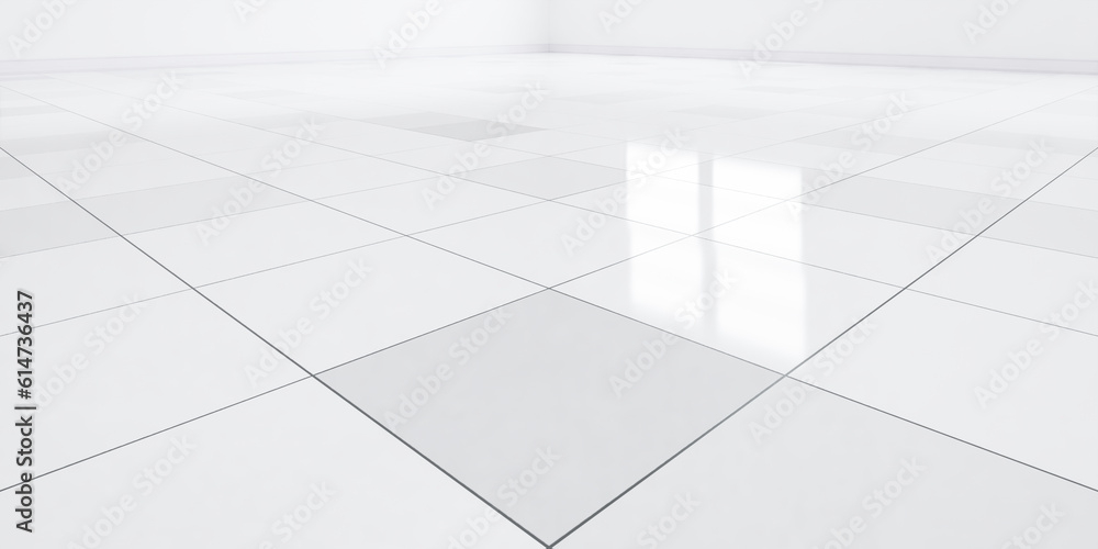 3d rendering of close up white tile floor in perspective view, empty ...