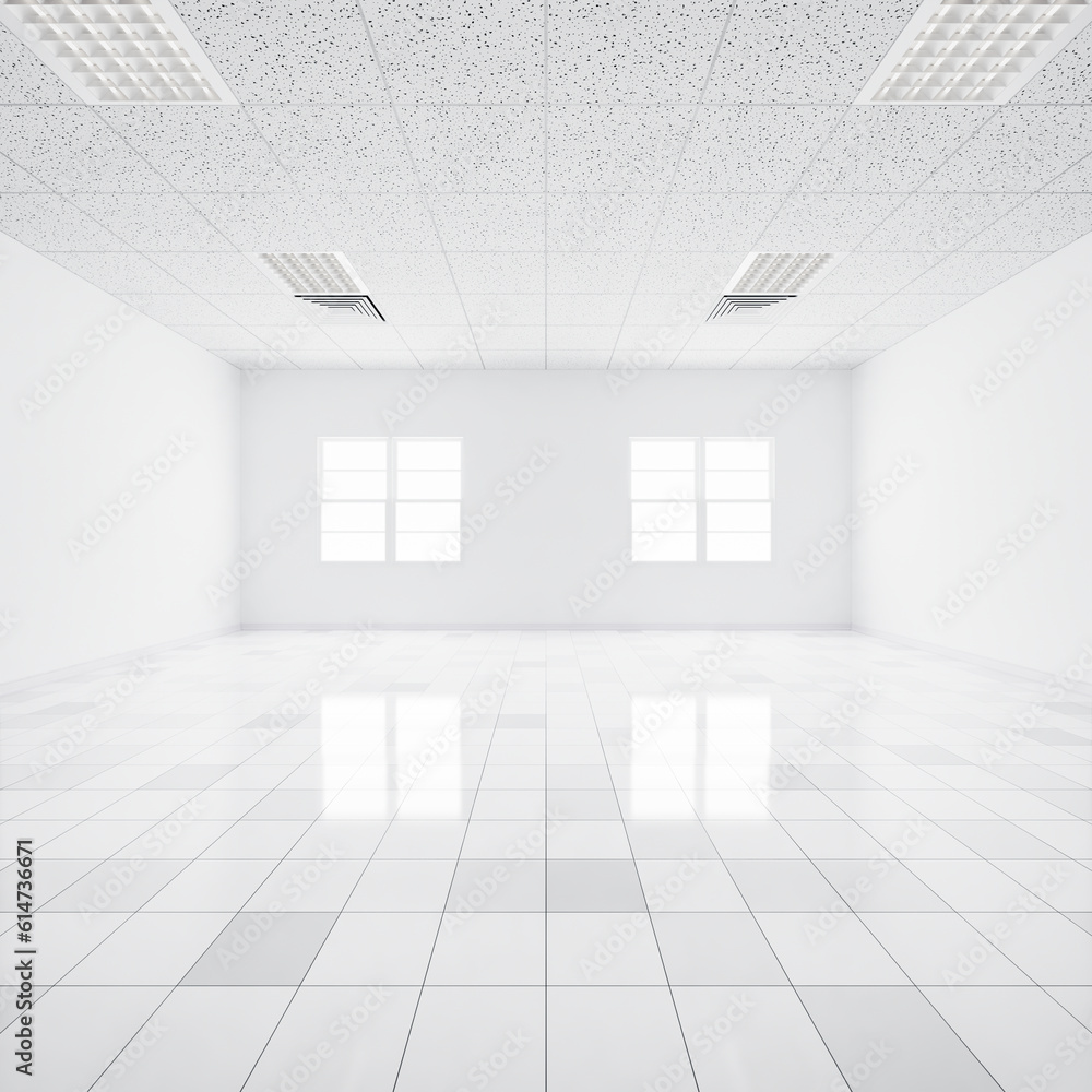 3d rendering of white tile floor in perspective, empty space or room ...