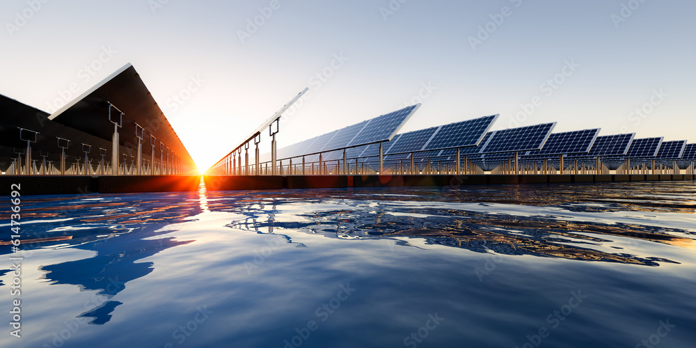 3d rendering of floating solar, floatovoltaics or solar farm consist of ...