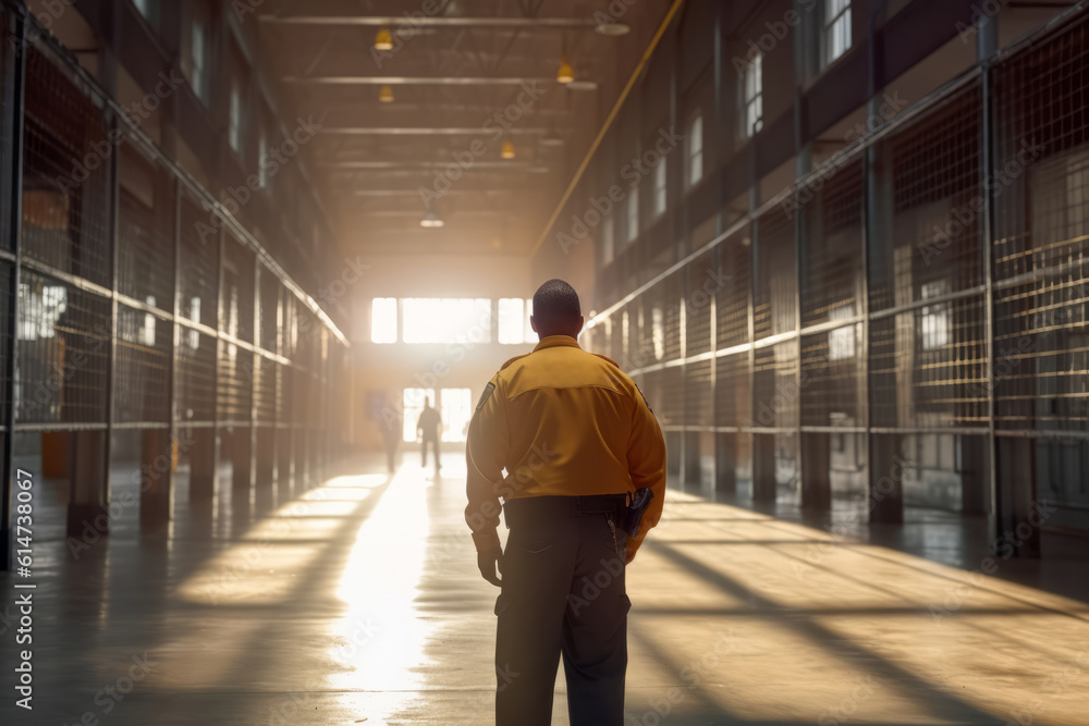 An image featuring a correctional officer in uniform, patrolling or ...