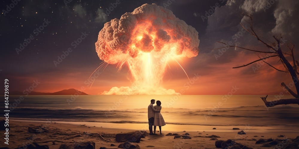 Romantic couple in love on night beach with atomic explosion in the ...