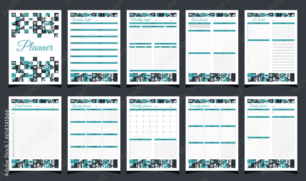 Planners set geometry. Daily, weekly, monthly, yearly, habit tracker ...