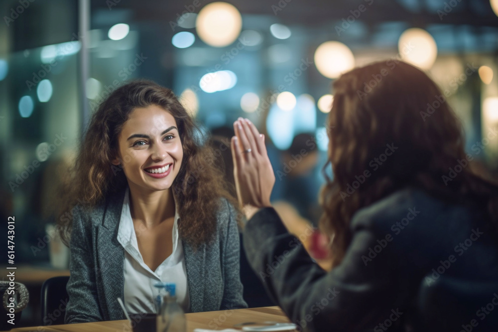 Portrait of cheerful businesswomen smiling and giving high five clap ...