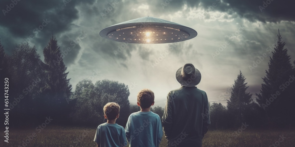 Rear view of paranoid family wearing tinfoil hats and looking at ufo in ...