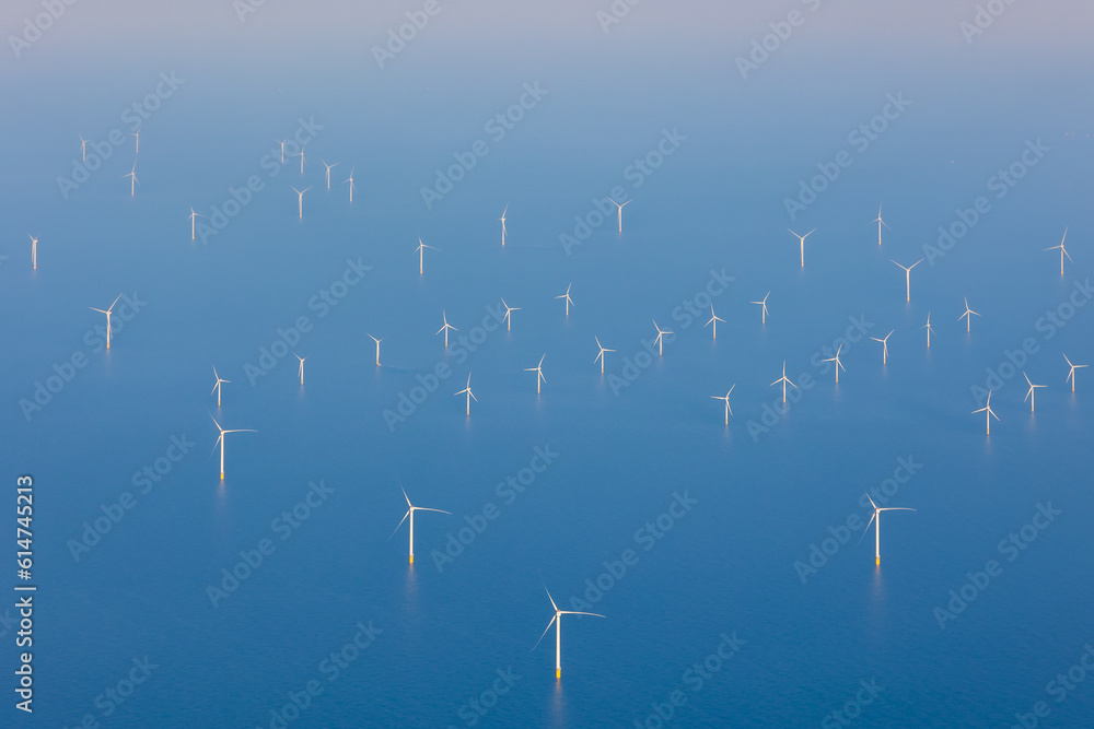 Aerial view of offshore wind farm with wind turbines on the North Sea ...