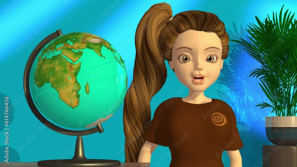 3d animation, one cartoon character speaking near a worldmap globe and ...