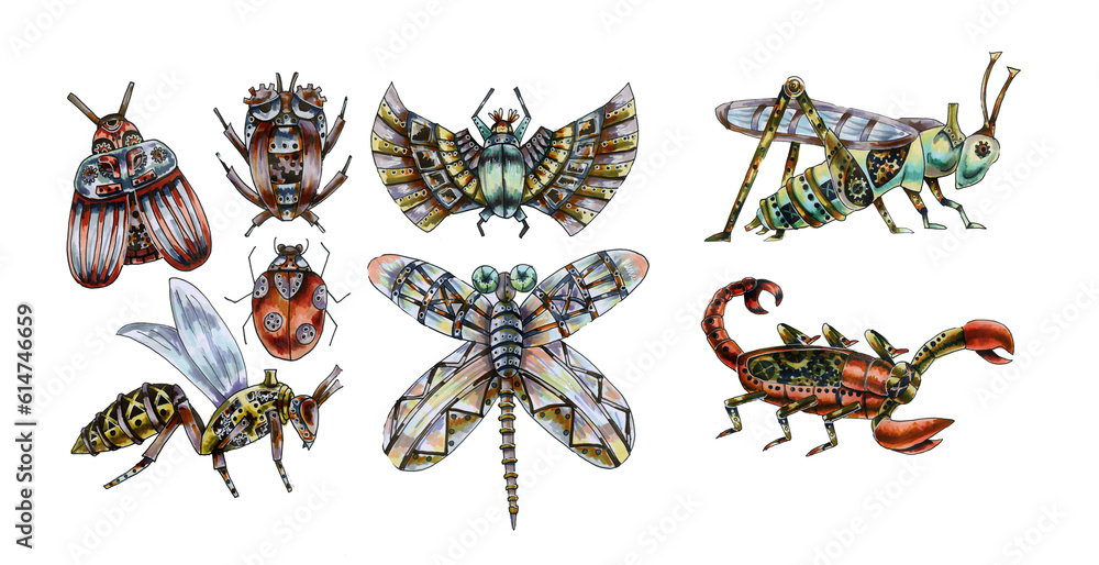 Set of insects robot hand drawn in the steampunk style. Watercolor ...