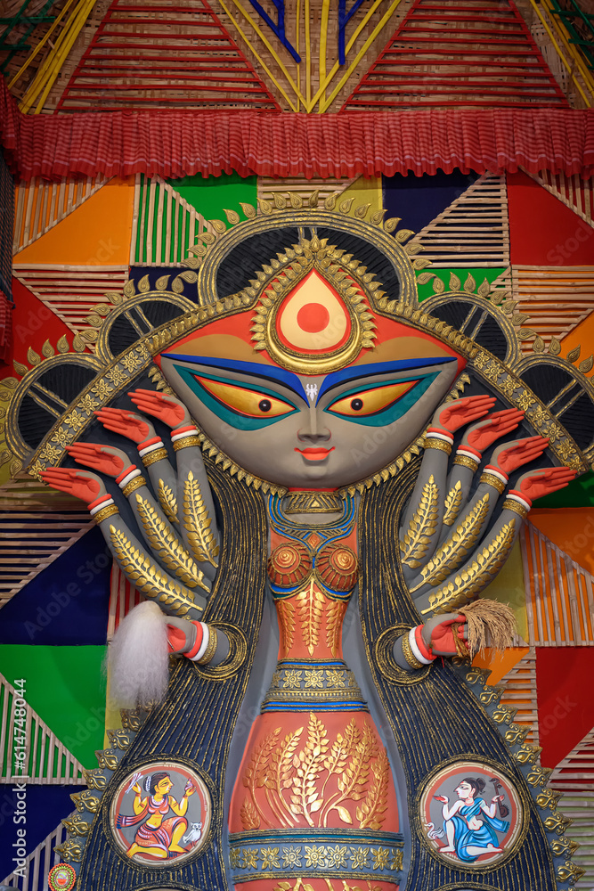 Idol of Goddess Devi Durga at a decorated puja pandal in Kolkata, West ...