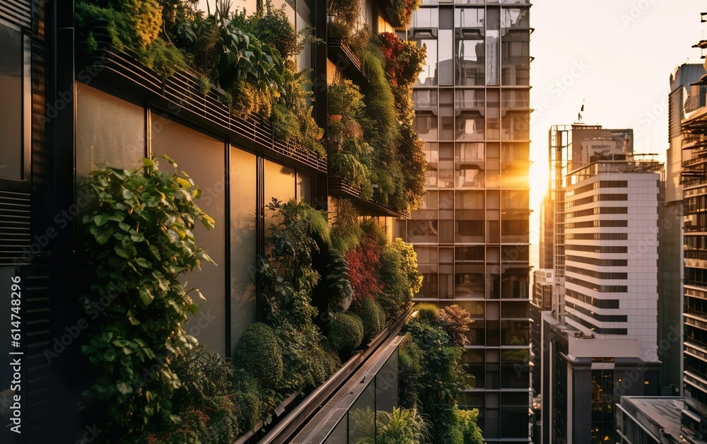 High-tech vertical garden installed on the side of a city building ...