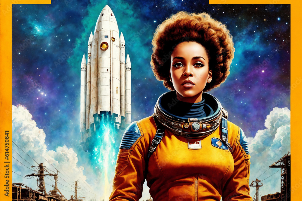 Portrait of a beautiful woman as an astronaut, space theme in the retro ...